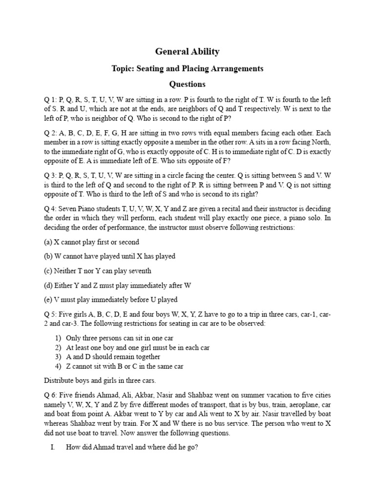 Seating and Placing Arrangements, Questions css pms | PDF Seating and Placing Arrangements, Questions css pms | PDF