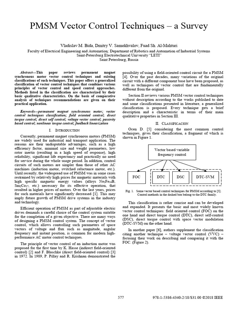 PMSM Vector Control Techniques A Survey | PDF | Electric Motor ...