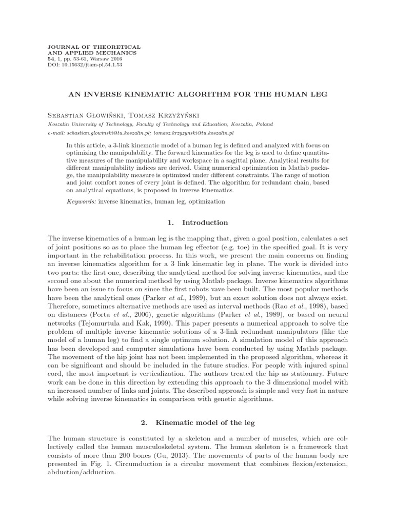 Inverse Kinematics for Human Leg Model | PDF | Kinematics | Anatomical ...