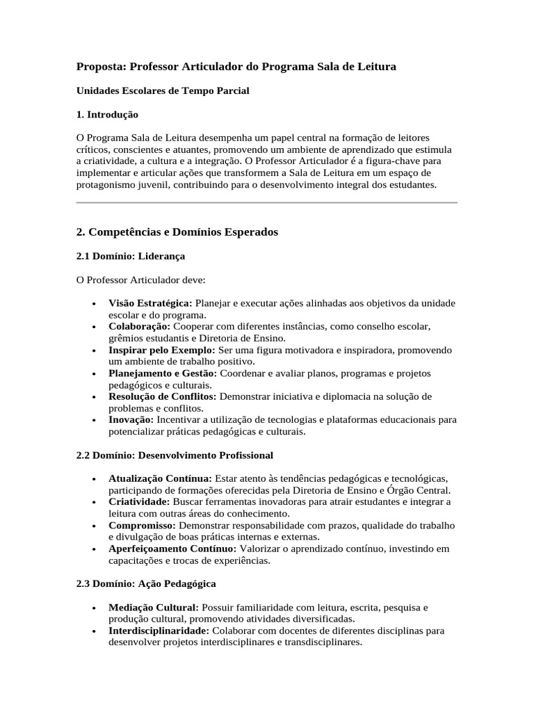 Proposta: Professor Articulador Do Programa Sala de Leitura Unidades Escolares de Tempo Parcial ...