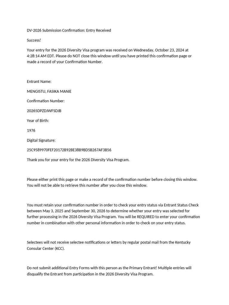 DV-2026 Entry Confirmation Received | PDF | Social Science | Law