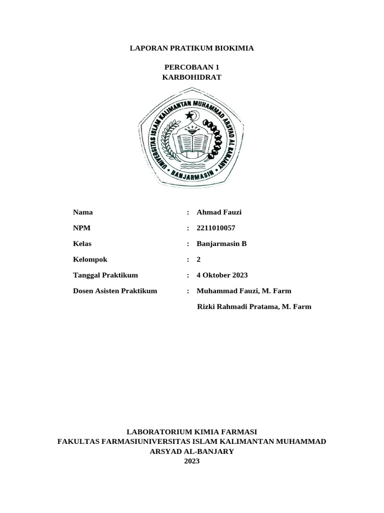 Laporan Biokimia Ahmad Fauzi - 2211010057 2 | PDF | Kesehatan Holistik | Sains & Matematika