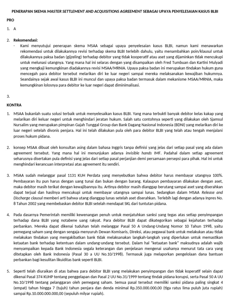 Penerapan Skema Master Settlement and Acquisitions Agreement Sebagai ...