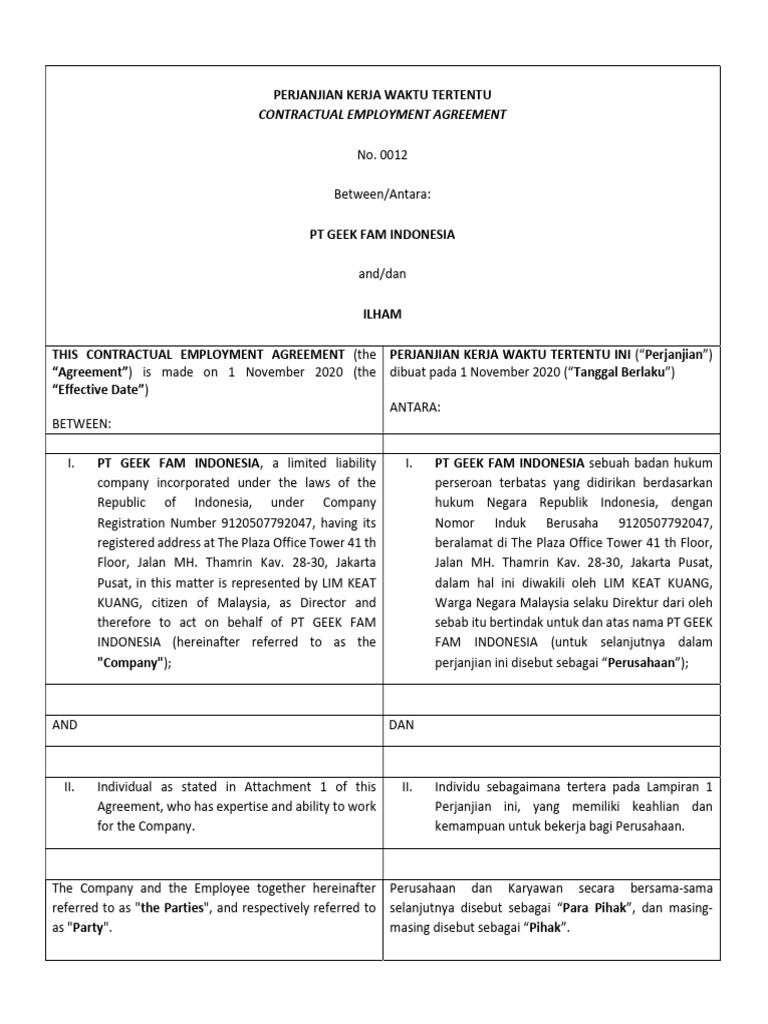 12 - Employment Contract - Ilham | PDF | Bisnis