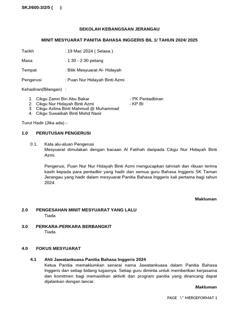 Minit Mesyuarat Bi Bil1 2024 | PDF