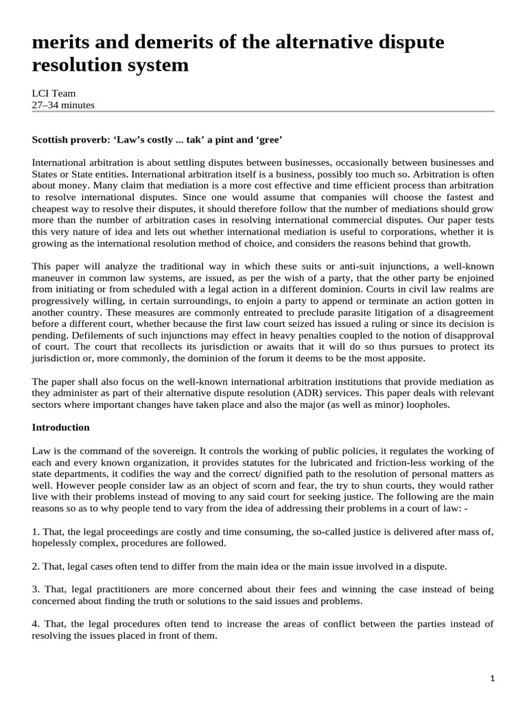 Merits and Demerits of The Alternative Dispute Resolution System | PDF ...