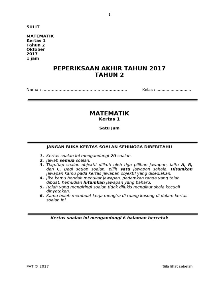Kuiz Akhir Tahun Matematik Tahun 2 K1 | PDF