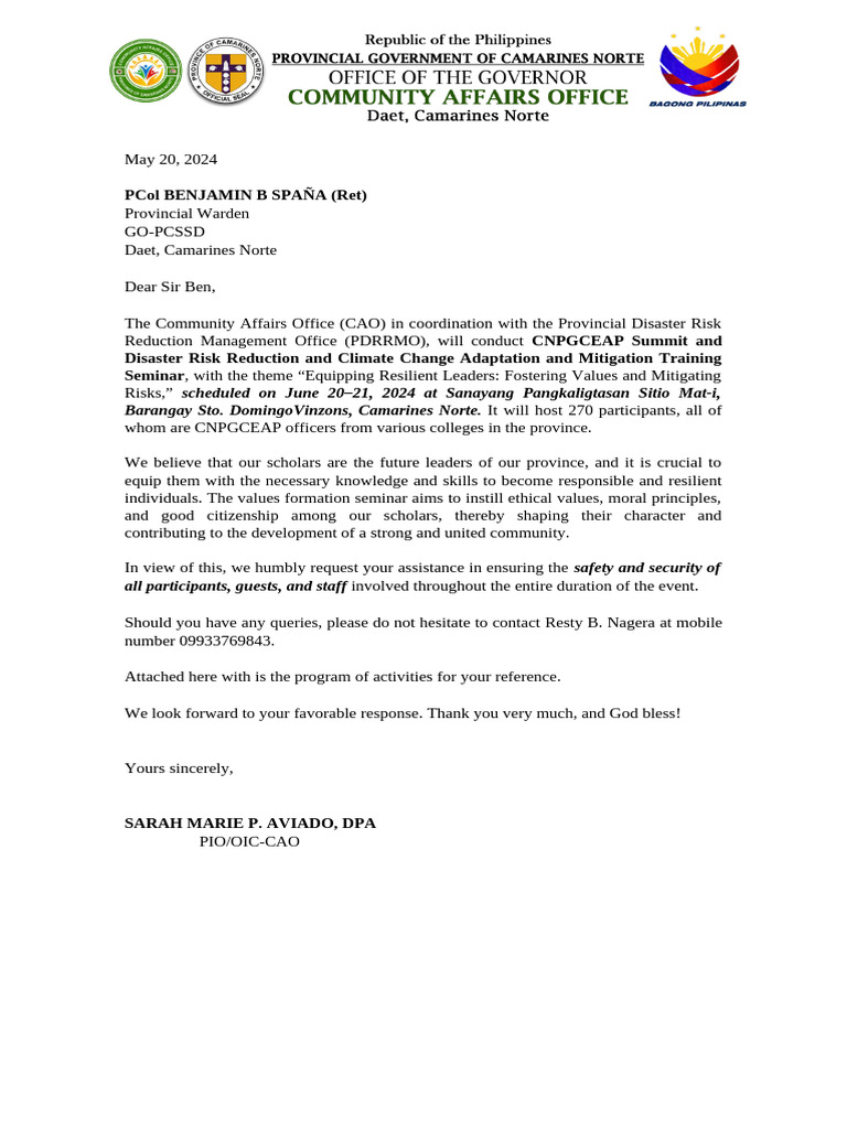 Letter To Requesting Assistance | PDF | Disaster Risk Reduction | Community