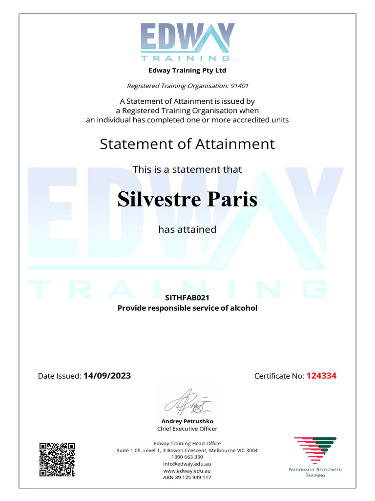Statement of Attainment 124334 Silvestre Paris | PDF