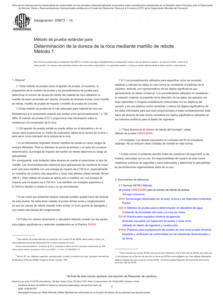 Método 1 Determinación de La Dureza de La Roca Mediante Martillo de Rebote | PDF | Martillo | Dureza