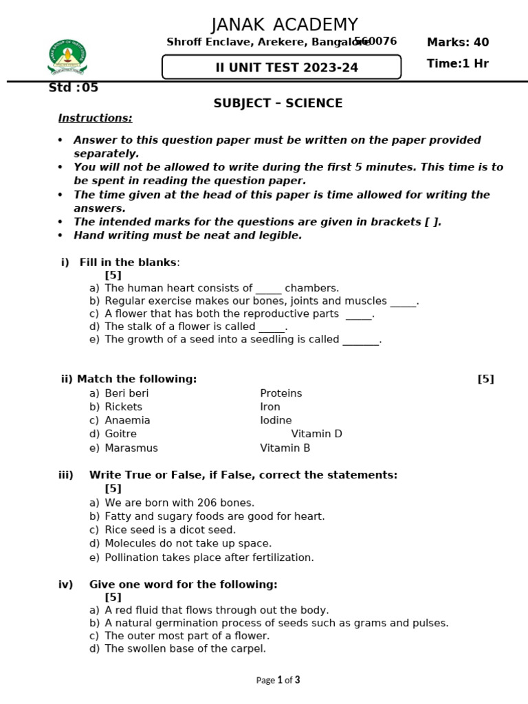 5th Science 1st Term 23-24 | PDF | Flowers | Seed