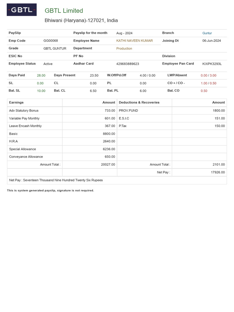 Payslip GG00068 August - 2024 | PDF