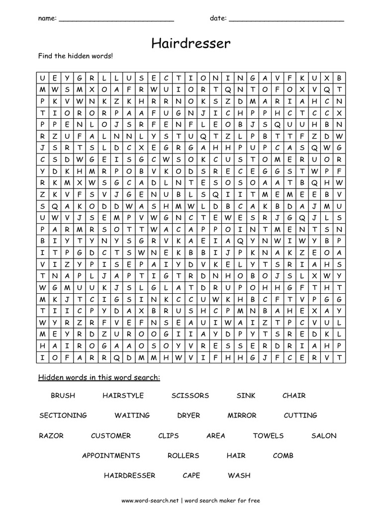 Hairdresser Word Search Puzzle | PDF | Hairstyle | Human Head And Neck
