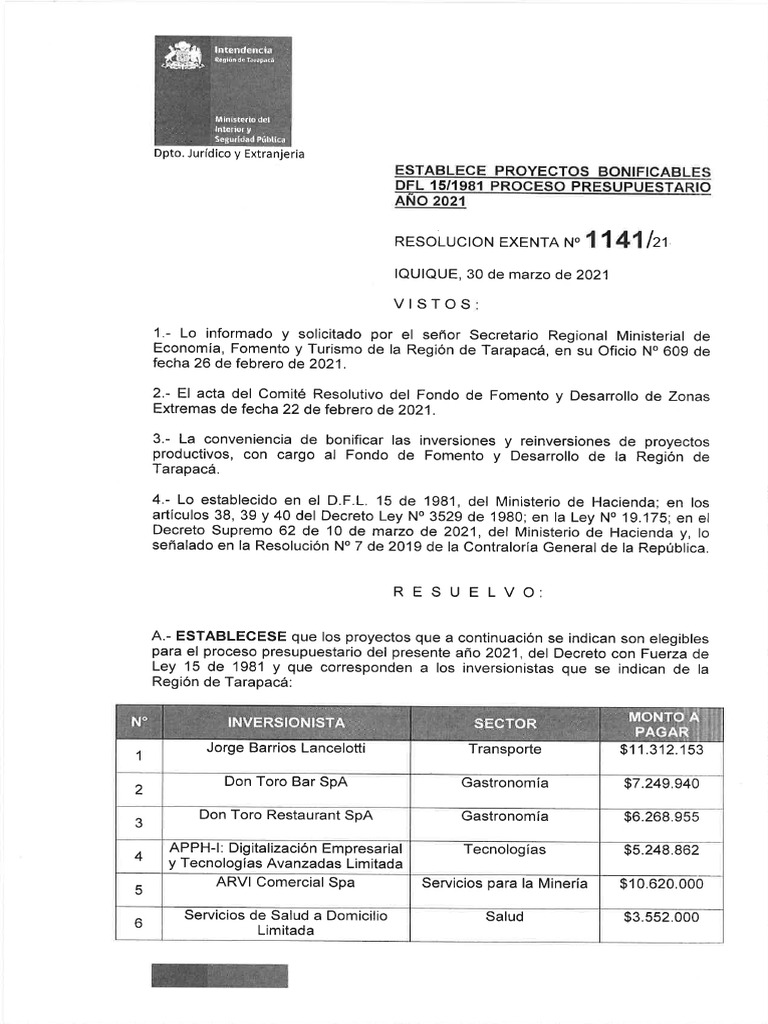 RES 1141 Bonificacion DFL 15 | PDF