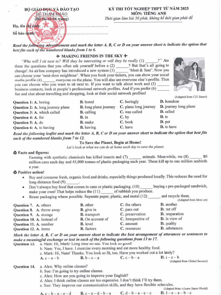 De Minh Hoa Tieng Anh 2025 | PDF