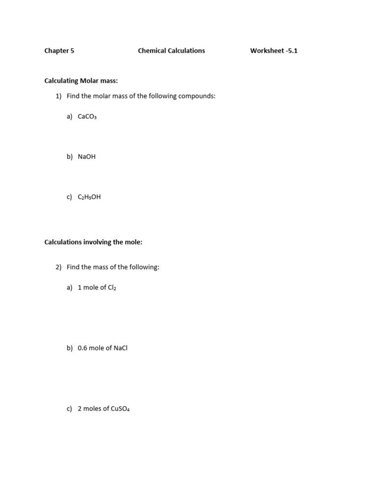 CH 5 Worksheet Chem Calculations | PDF | Acid | Magnesium