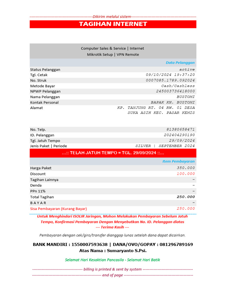 Billing - UNPAID - 202409 - 202404290190 BUSTOMI-1 | PDF