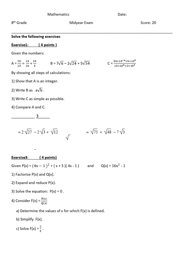 8th Grade Math Midyear Exam | PDF