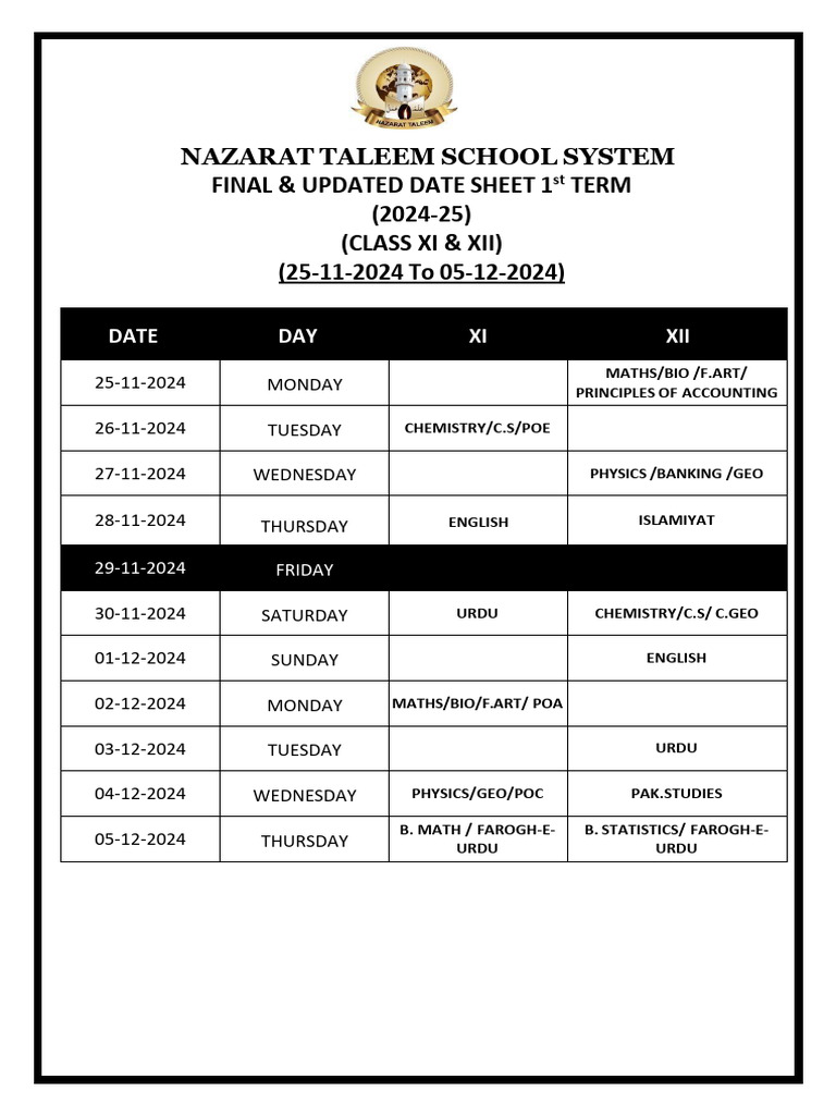Final Date Sheet 1st Term 2024-25 (11th To 12th) 18-11-2024 | PDF ...