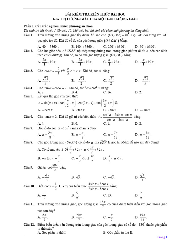 1-Gia Tri Luong Giac Cua Goc Luong Giac | PDF