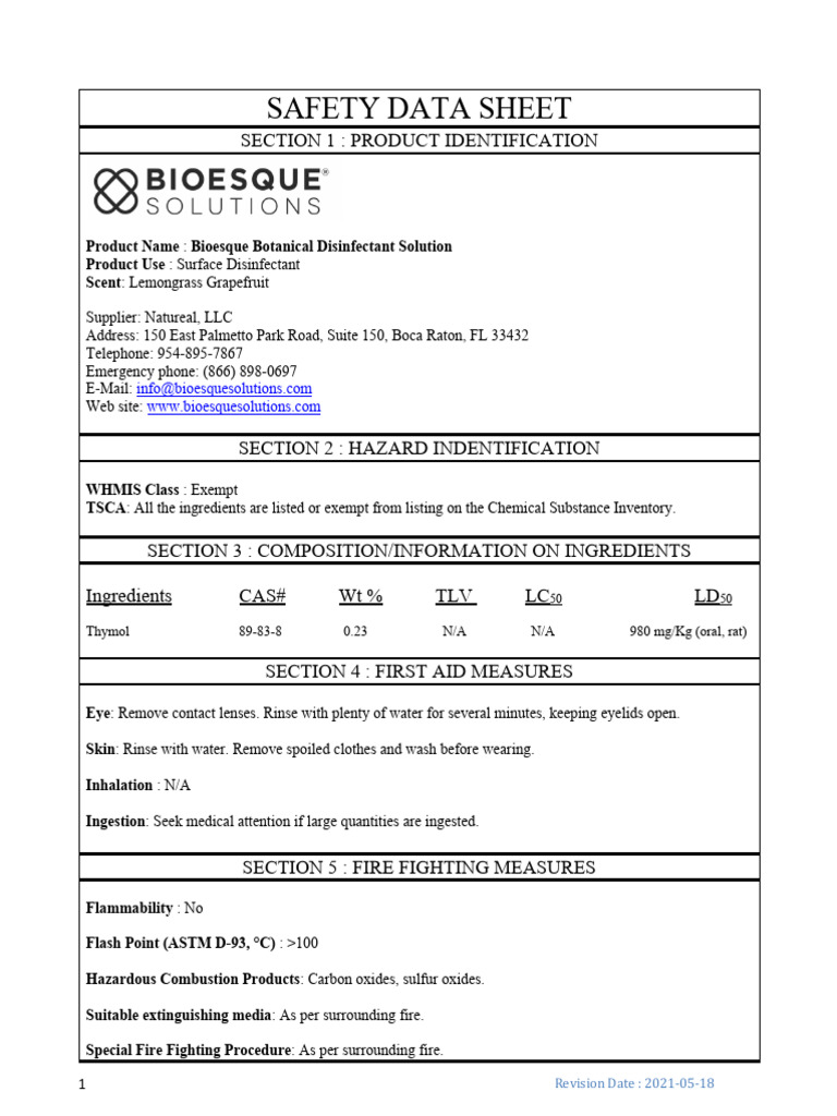 Bioesque SDS Disinfectant Botanical | PDF | Toxicity | Occupational ...