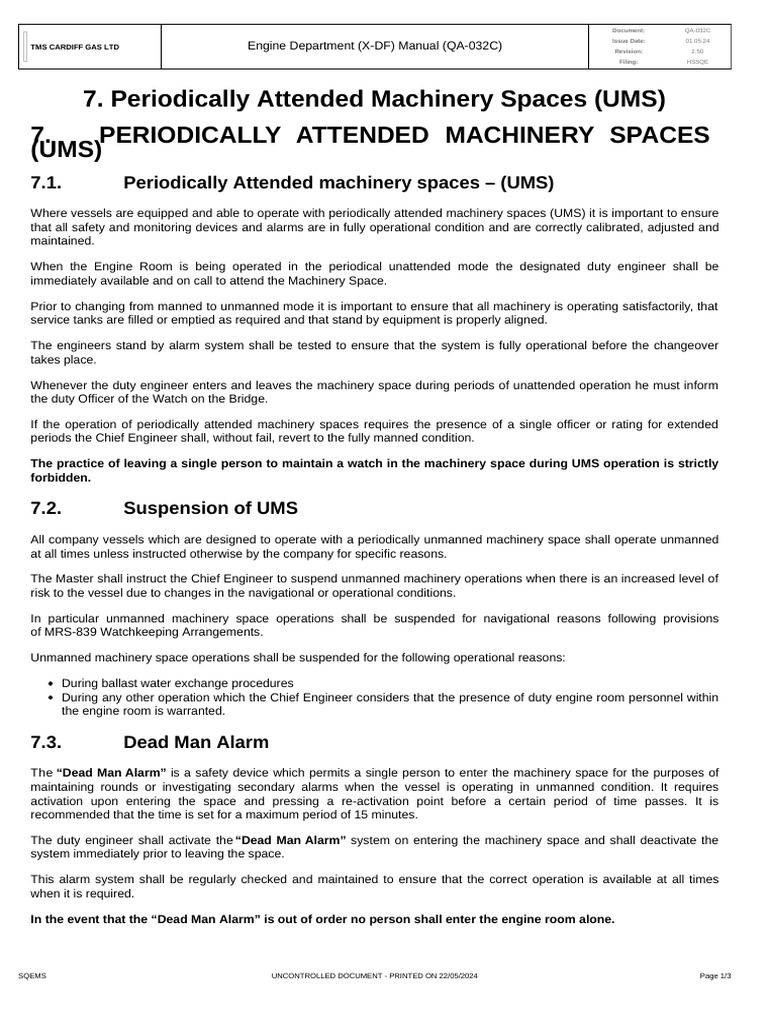 Periodically Attended Machinery Spaces (UMS) | PDF