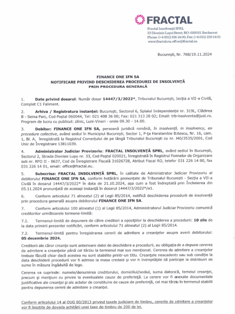 6666 Finance One IFN SA Notificare Deschidere Procedura Generala de Insolventa | PDF