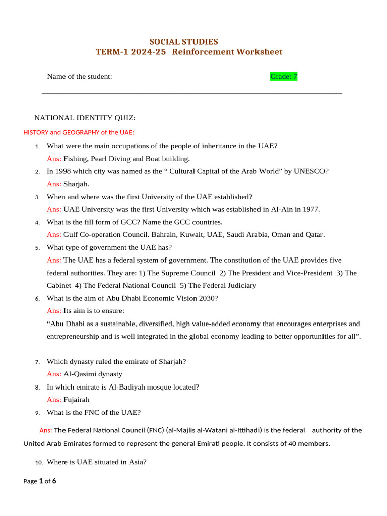 Gr.7 SST 1st TERM 2024-25 Reinforcement Worksheet | PDF | United Arab ...