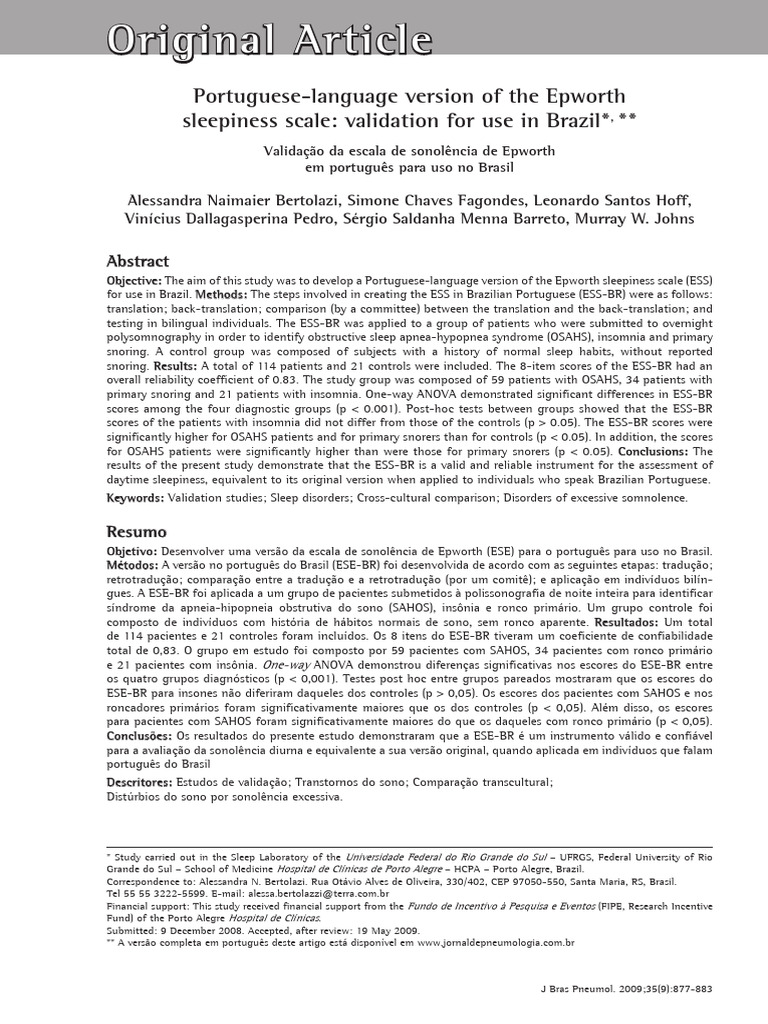 Escala de Sonolência de Epworth (ESS) | PDF | Episodic And Paroxysmal ...