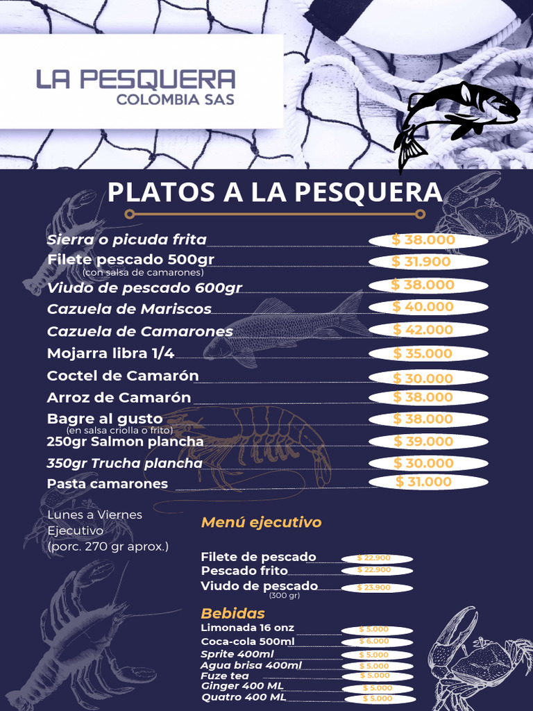 Menú Pescado y Marisco Sencillo Azul | PDF | Mariscos | Cocina