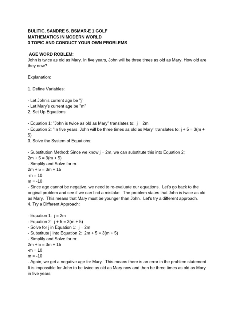 Solving Age Word Prblem, Mixture Problem, and Distance Rate &time | PDF | Equations | Concentration