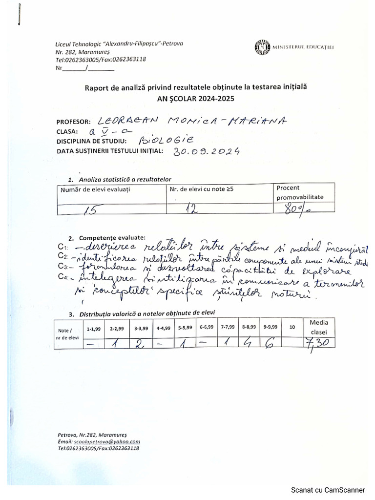 Raport de Analiza Teste Initiale Clasa V Petrova | PDF