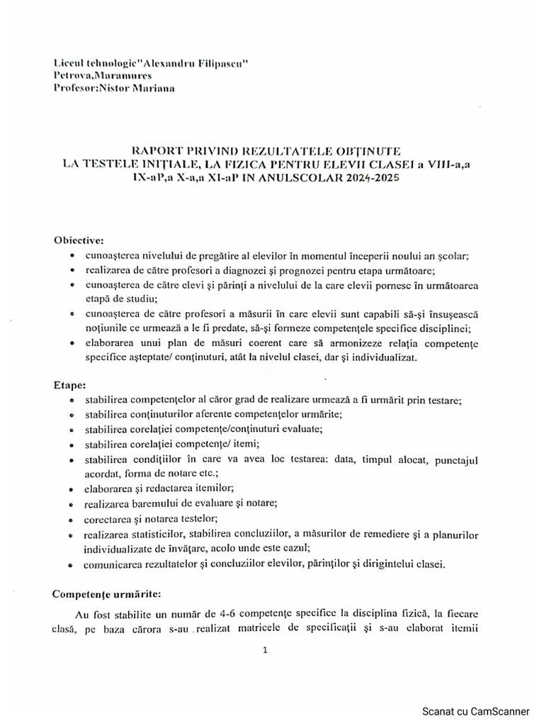 Raport de Analiza Teste Initiale Fizica | PDF