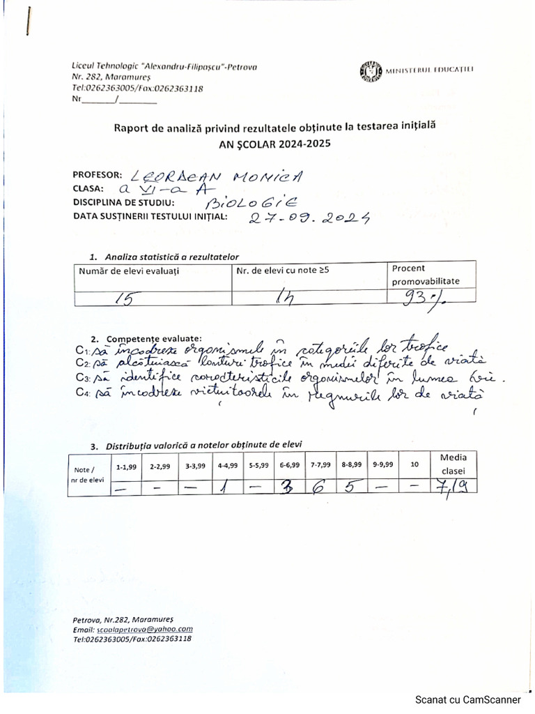 Raport de Analiza Teste Initiale Clasa VI-A A Petrova | PDF