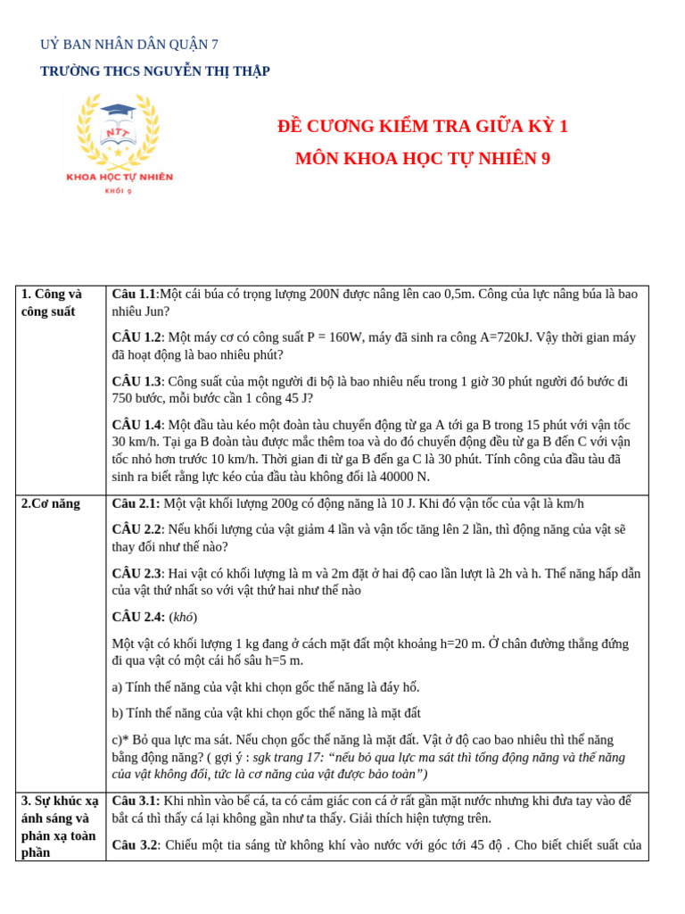 469 - đề cương giũa kỳ 1 môn KHTN9 | PDF