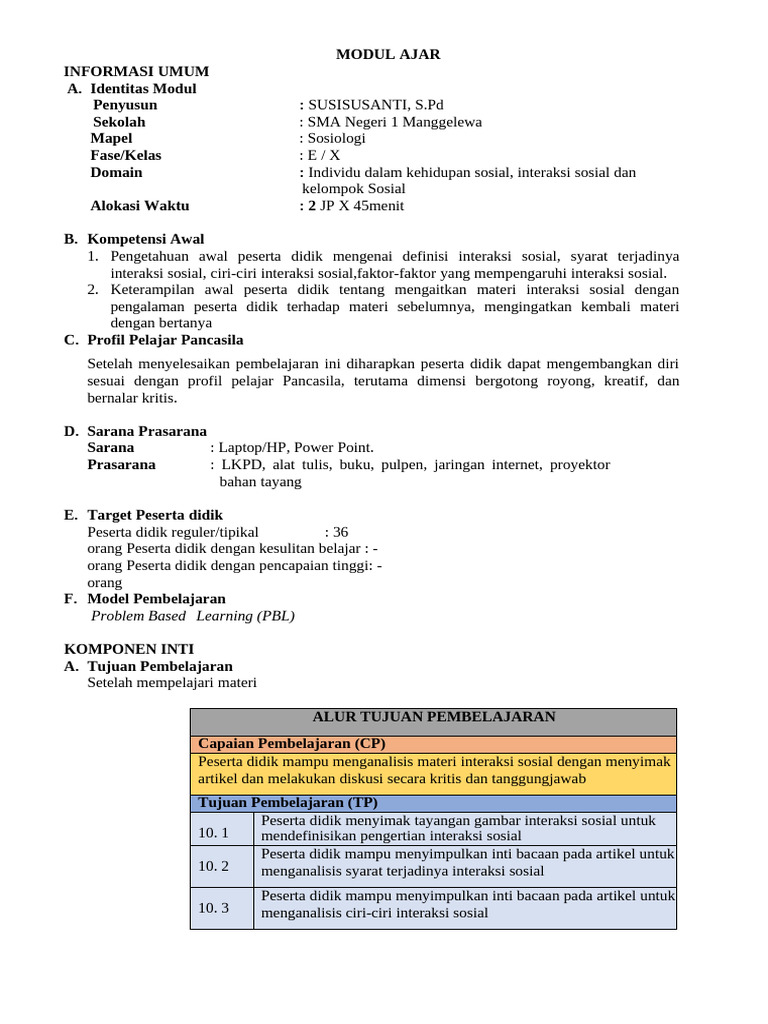 Modul Ajar Susi Sosiologi | PDF