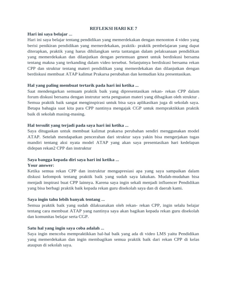 Refleksi Hari Ke 7 Pembekalan Pengajar Praktik (CPP) | PDF