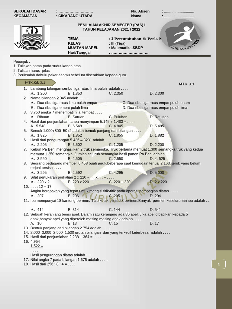 Soal Pas Kelas 3 Tema 1 MTK SBDP | PDF