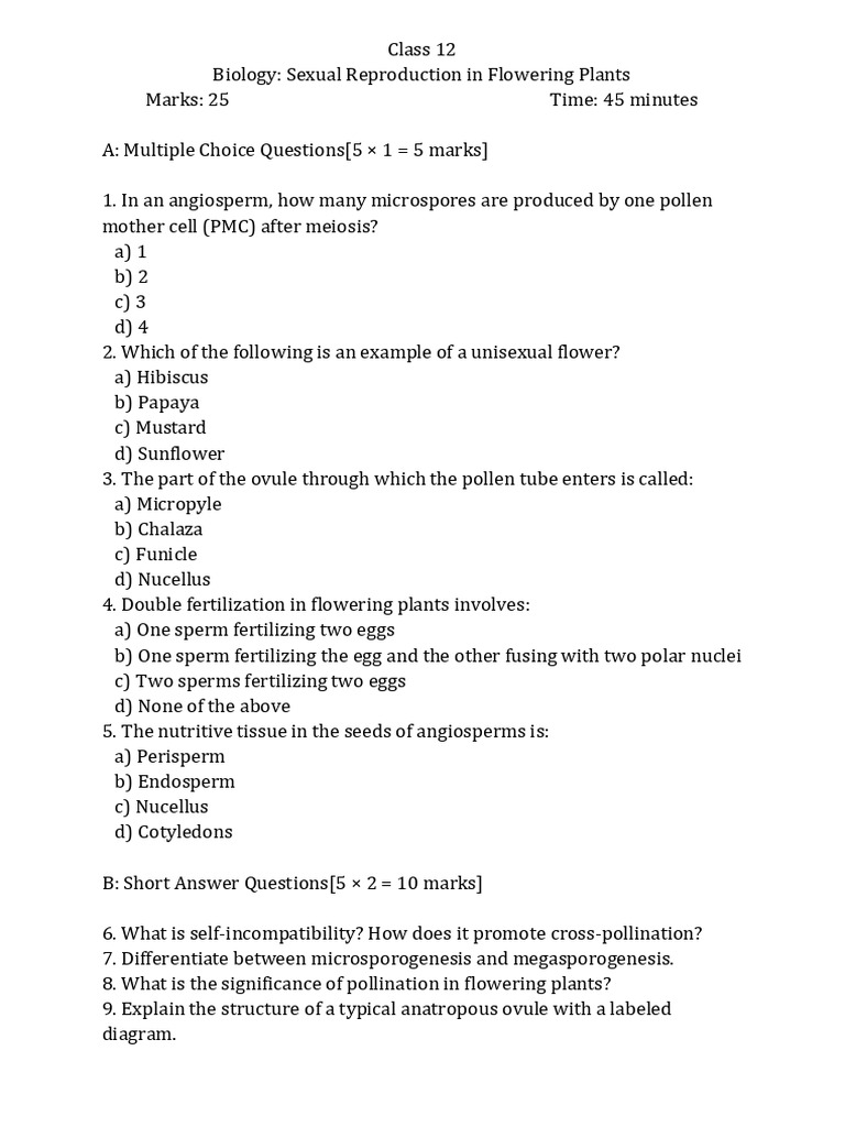 Sexual Reproduction in Plants Quiz | PDF | Home & Garden | Wellness