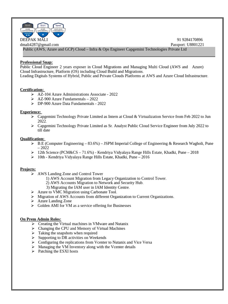 Deepak Mali: Cloud Engineer Profile | PDF | Cloud Computing | Computing