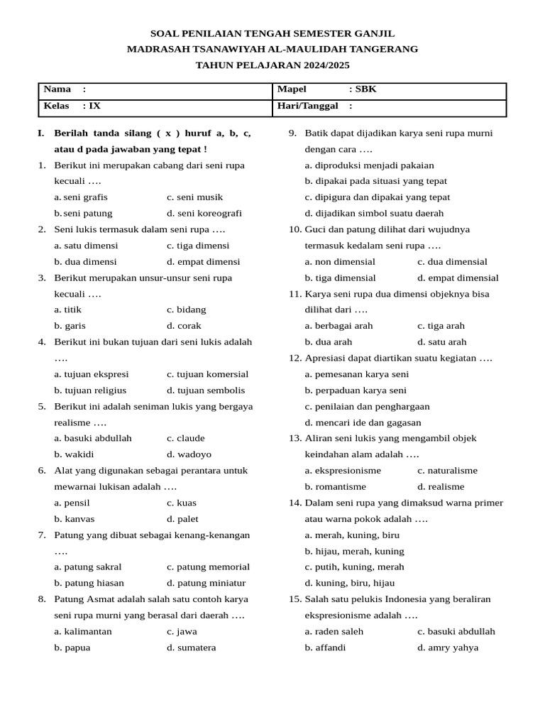 Soal SBK Kls - 9-PAT | PDF | Seni