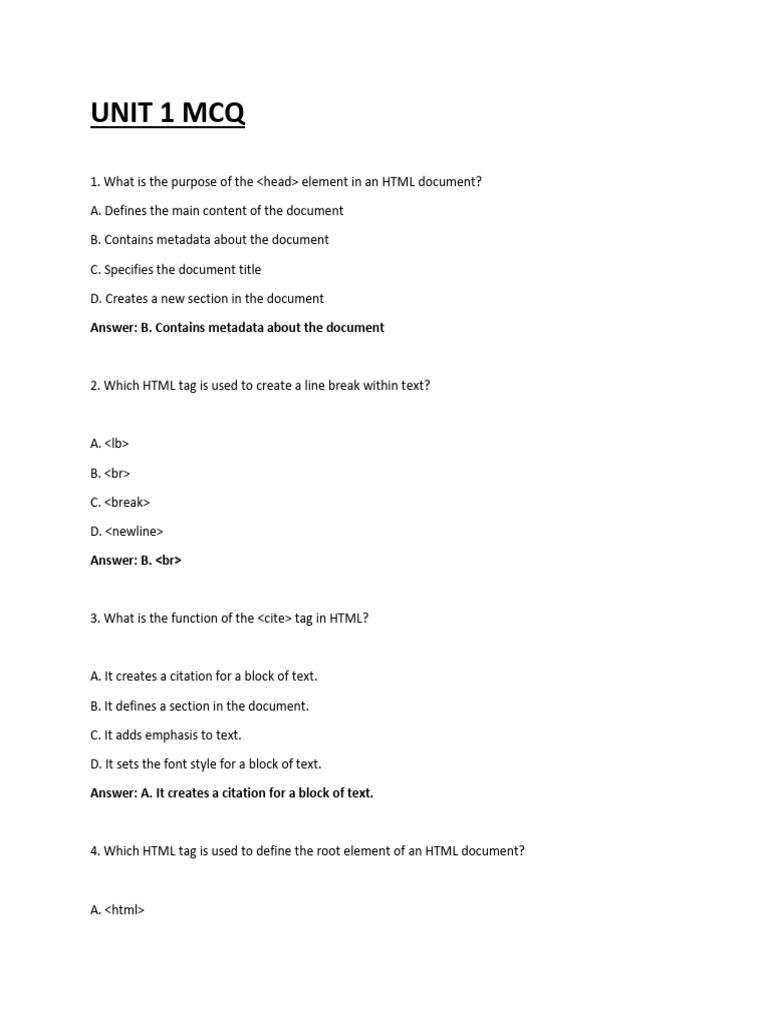 CSE326 Unit 1 - 6 MCQ | PDF | Html Element | Html