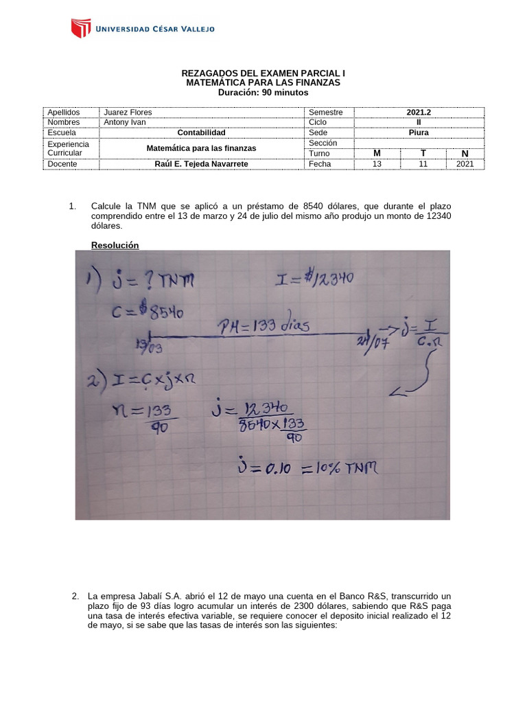 REZ EXAMEN PARCIAL 1 MPF | PDF | Business | Dinero