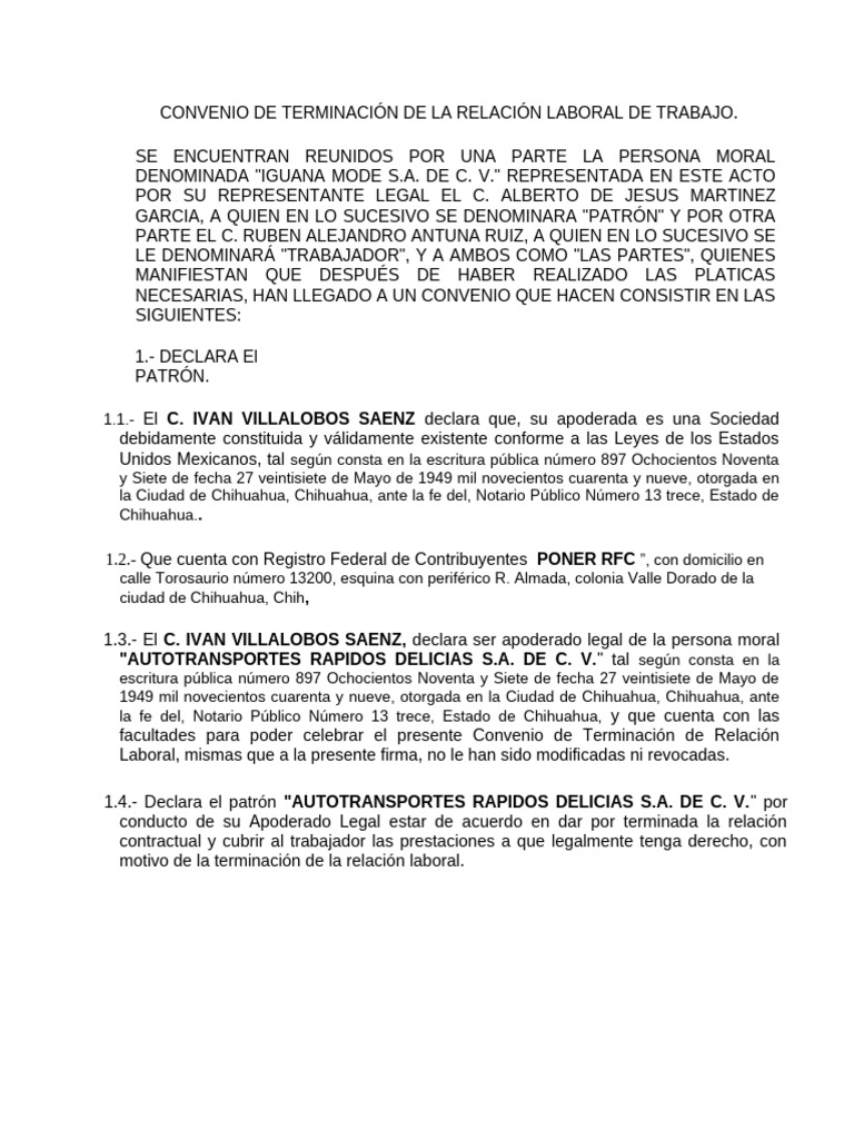 Convenio de Terminación de La Relación Laboral de Trabajo | PDF | Derecho laboral | Caso de ley