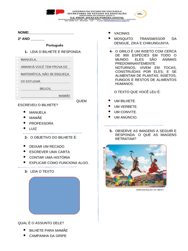 Prova Completa - 2 Ano Atualizado 2024 Saresp | PDF