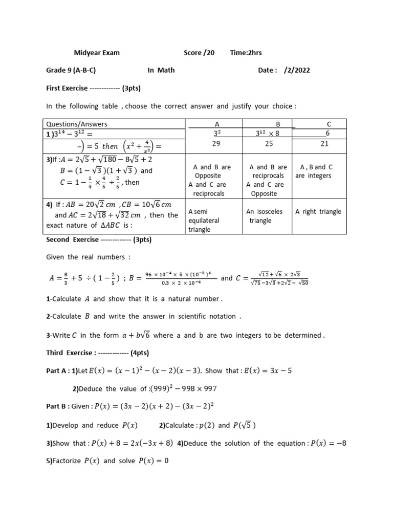 9th midyear exam 2022 | PDF | Elementary Mathematics | Mathematics