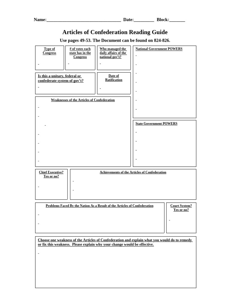 Articles of Confederation Reading Guide New | PDF