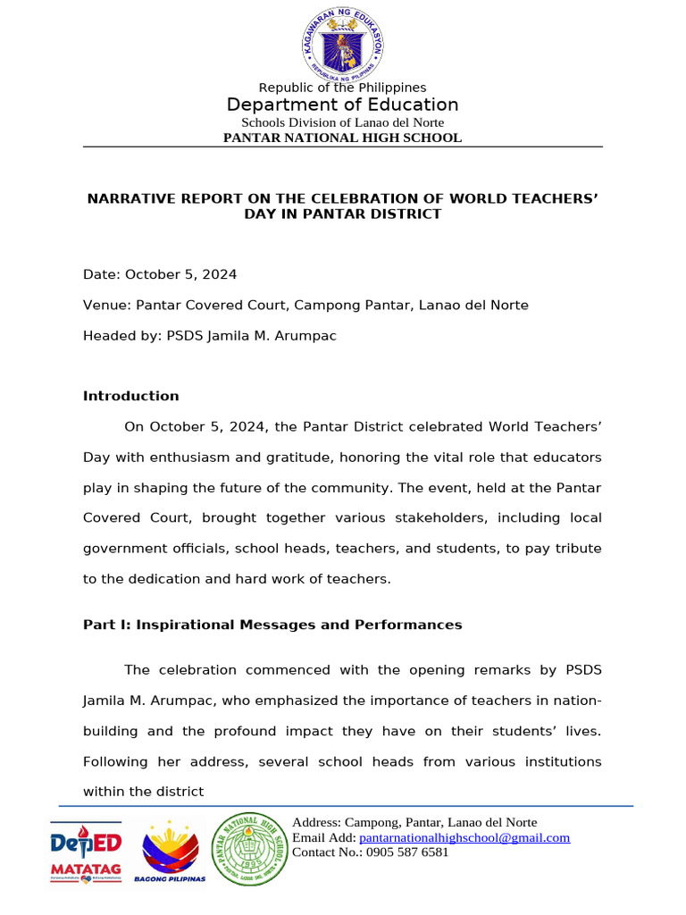 Narrative Report WTD 2024 | PDF | Teachers | Social Psychology