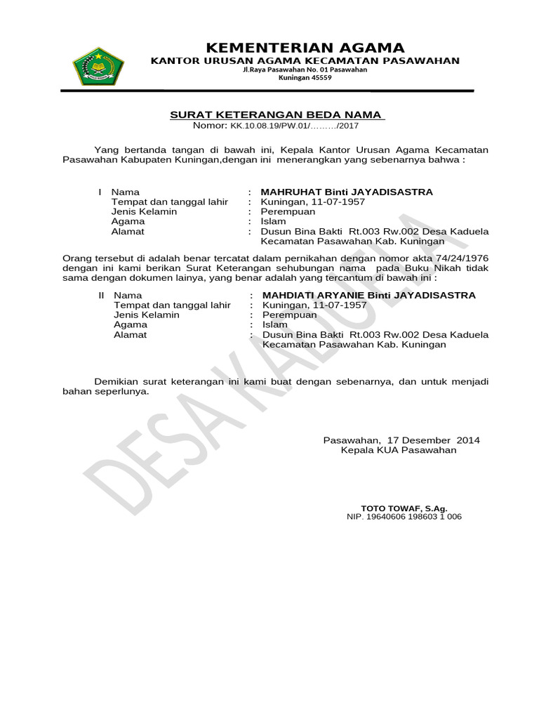 Surat Beda Nama | PDF
