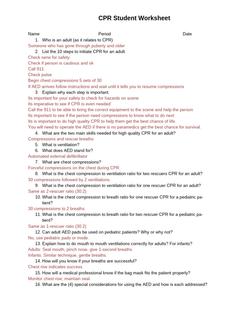CPR Worksheet Answers | PDF | Cardiopulmonary Resuscitation | Medical ...